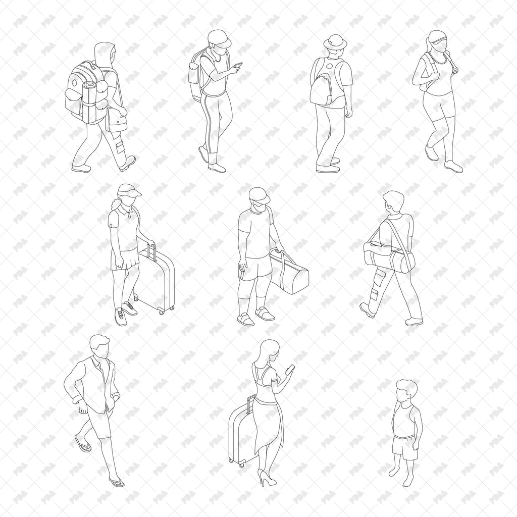 CAD, Vector Isometric Tourists at Summer Resort