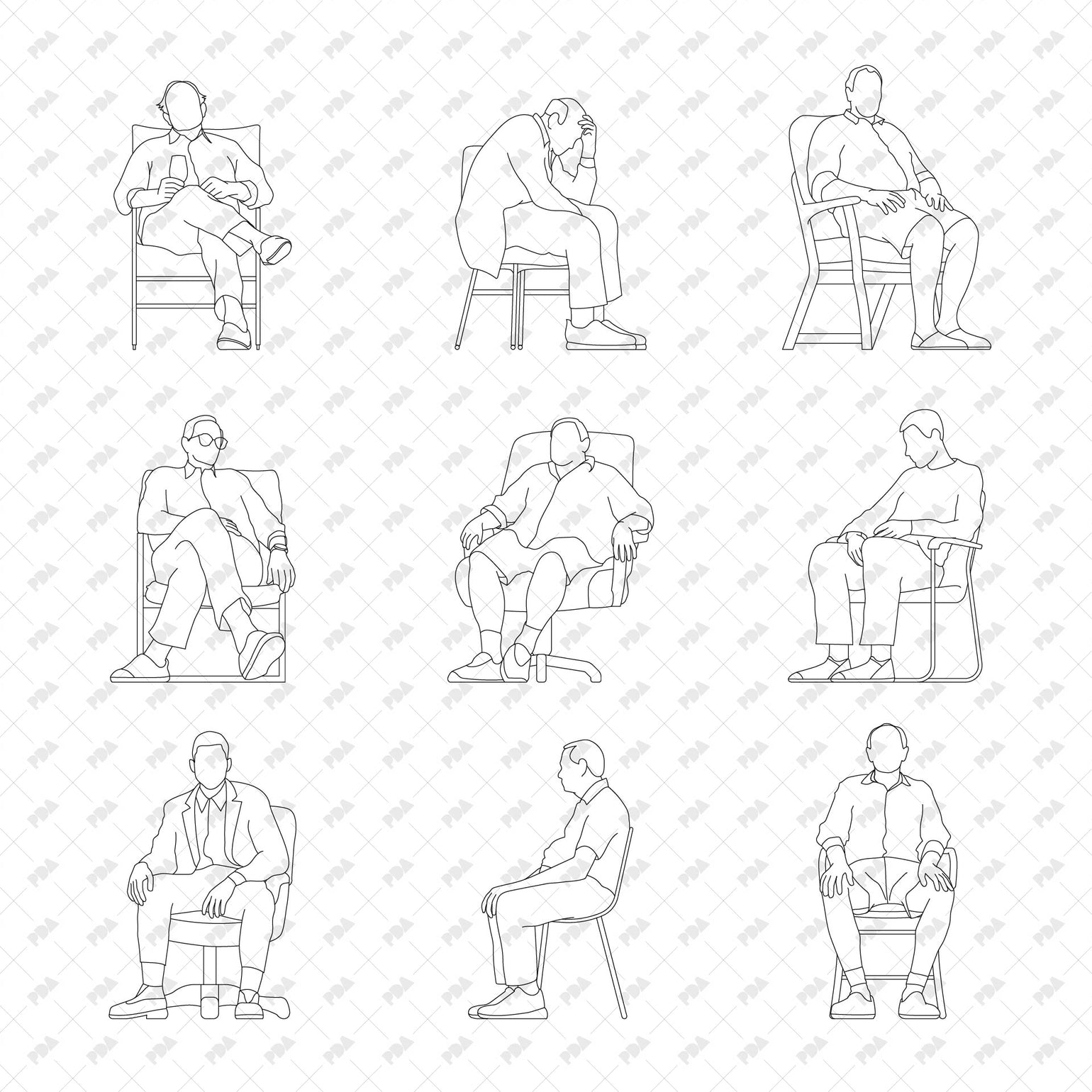 CAD Vector Men Sitting in Chairs for Architectural Drawings