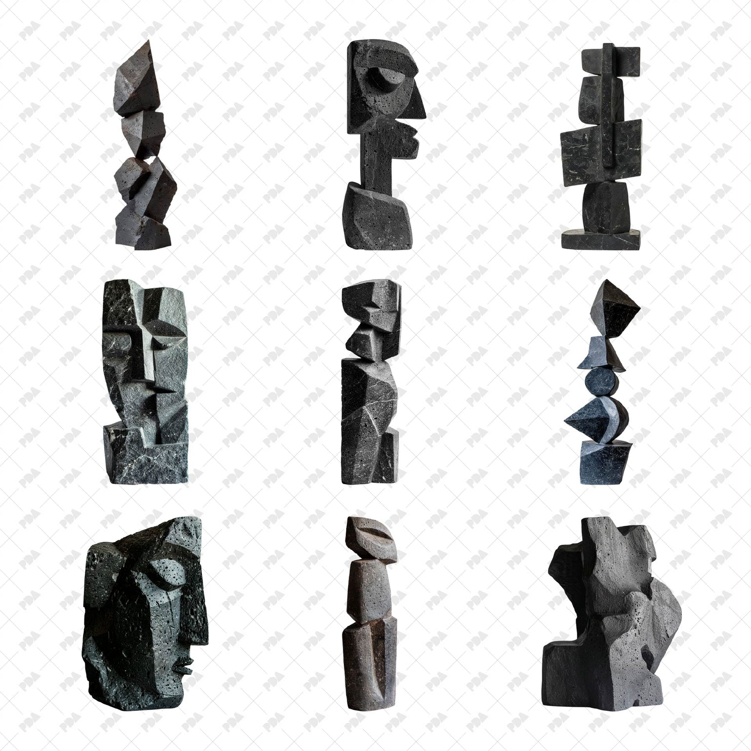 PNG Contemporary Basalt Lava Stone Sculptures Set