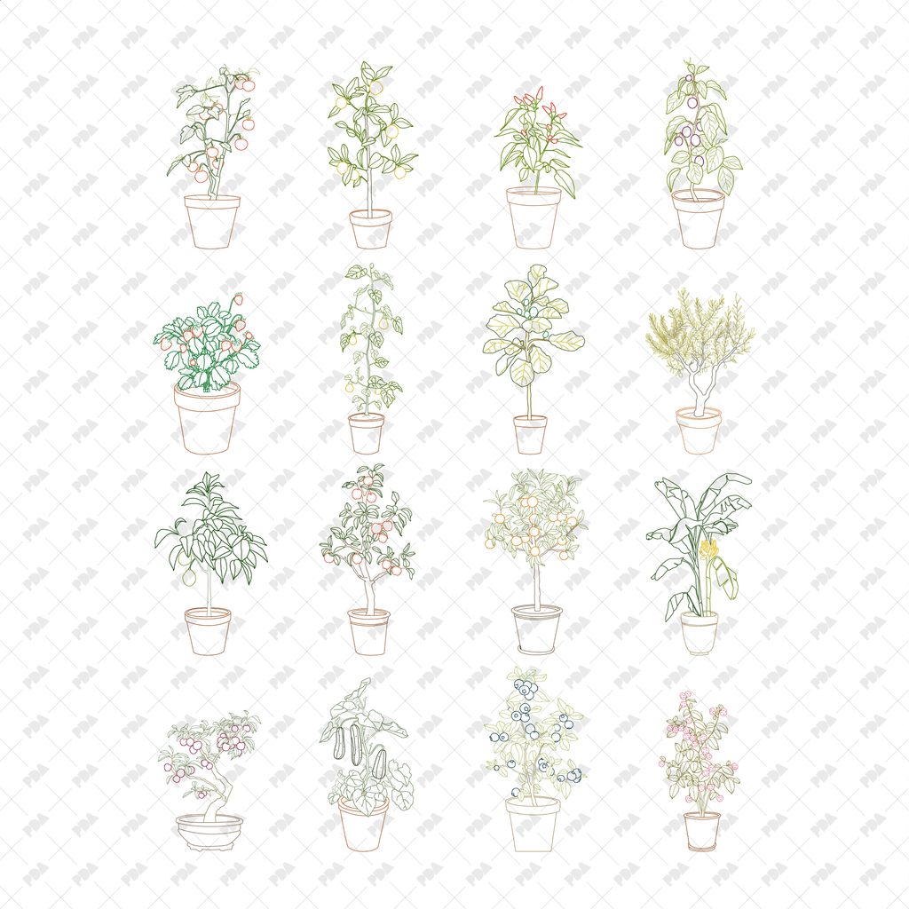 CAD, Vector Potted Fruit Trees and Plants (In color and B/W)