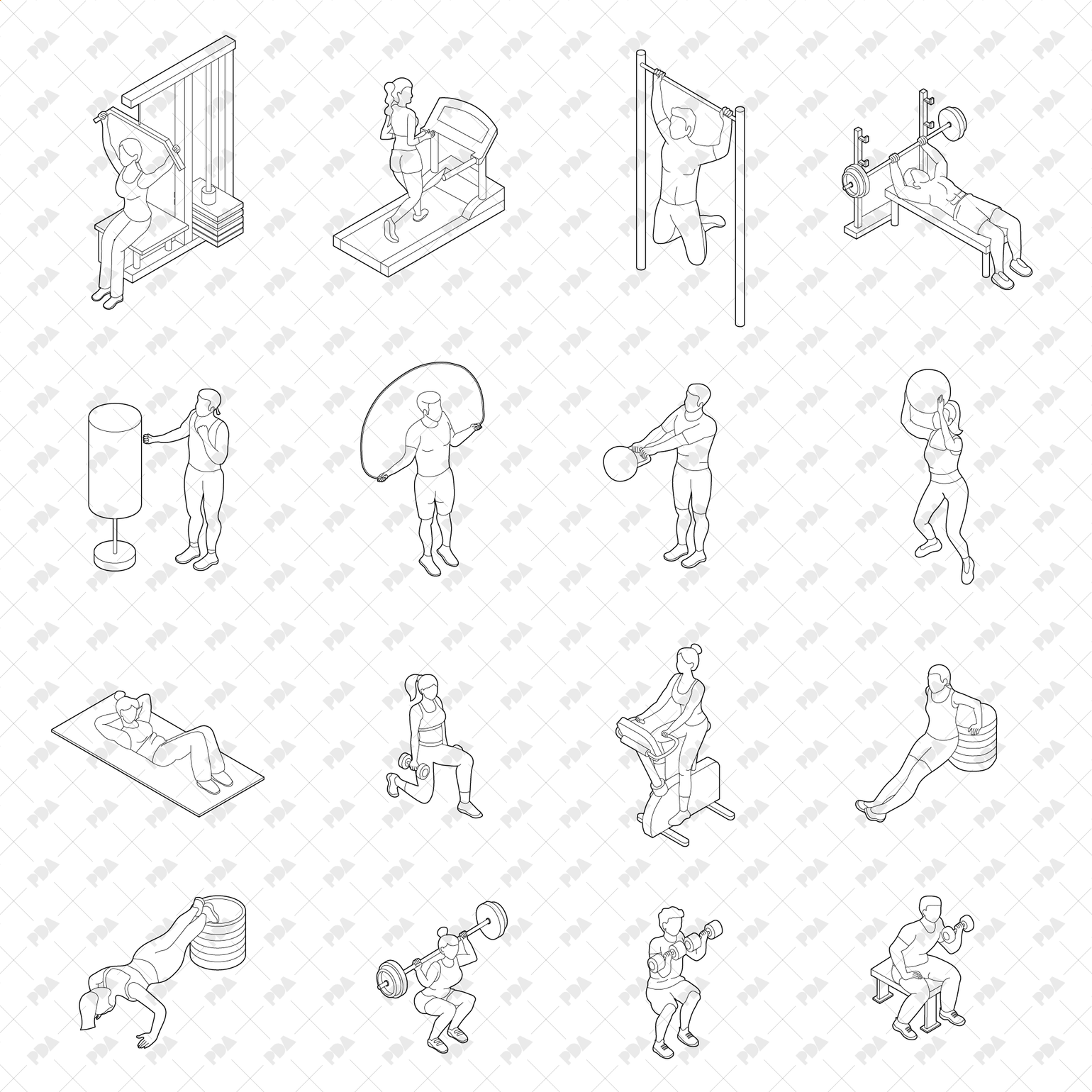 CAD, Vector, PNG Isometric View Workout Characters