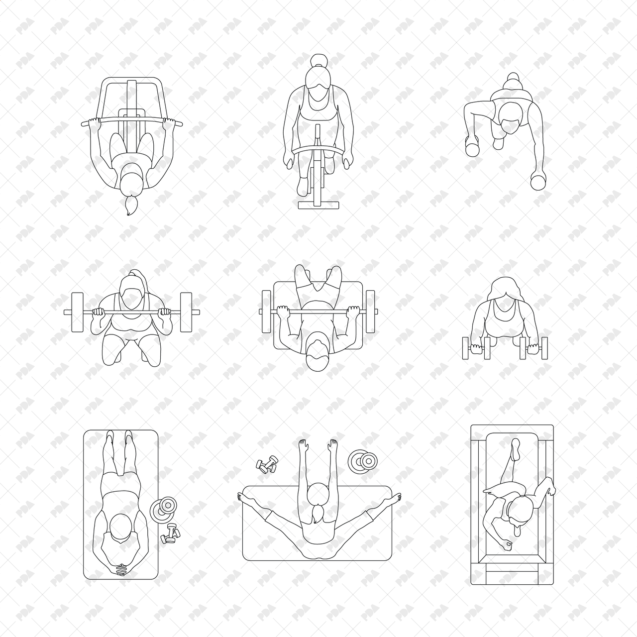CAD, Vector, PNG Gym Workout Characters in Top View