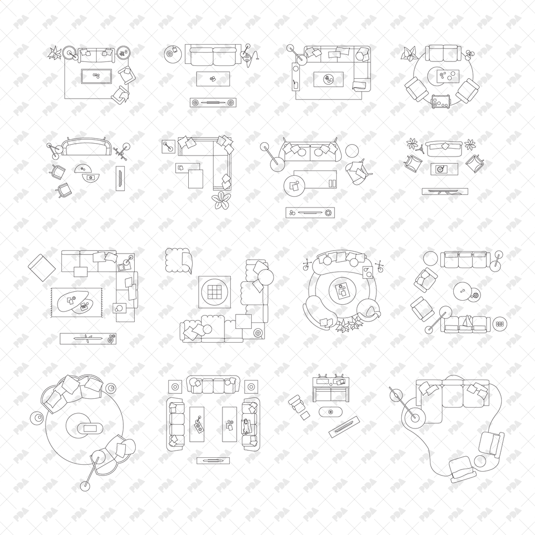 Salas de estar en vista superior (CAD, vector, PNG)