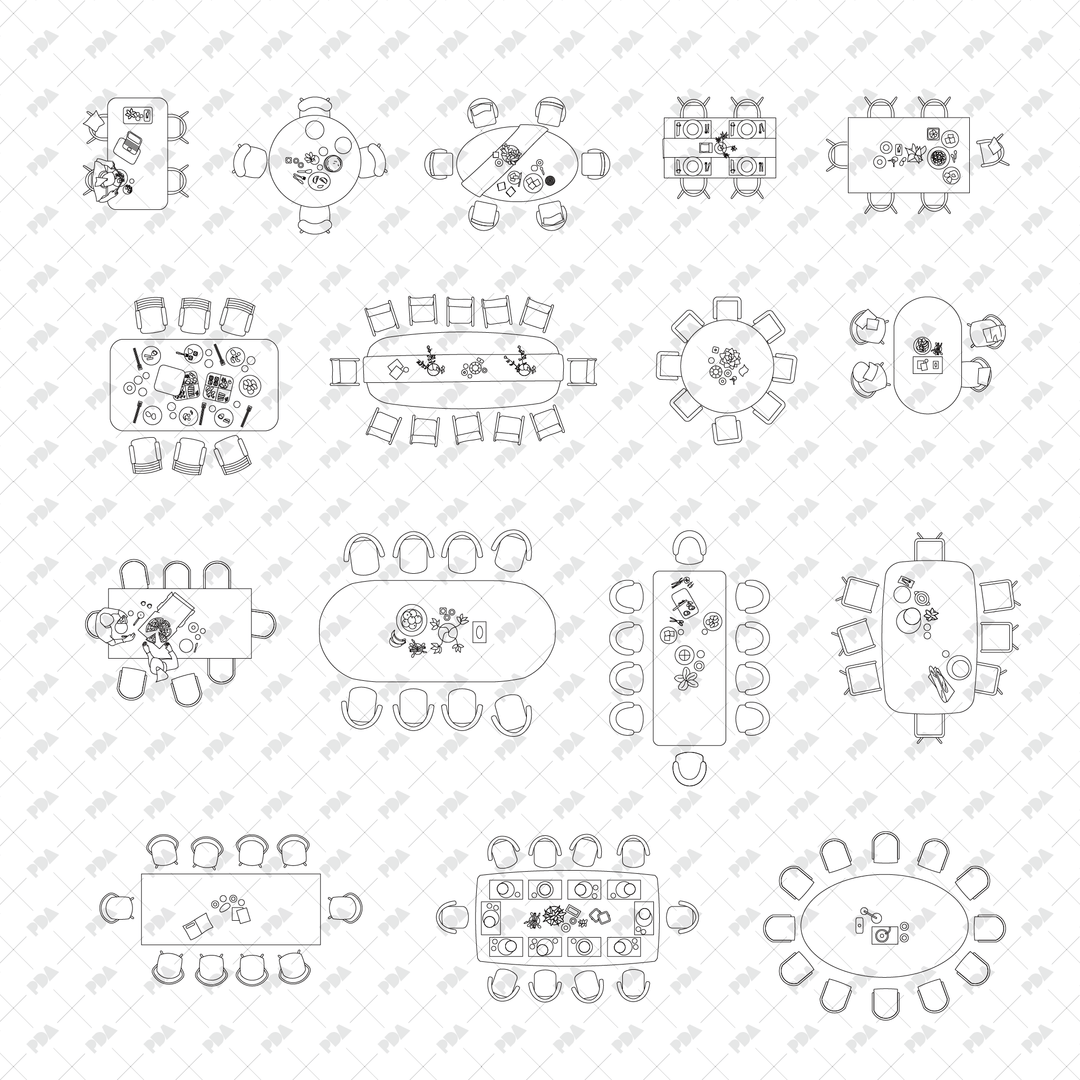 CAD, Vector, PNG Dining Tables and Chairs Layouts in Top View