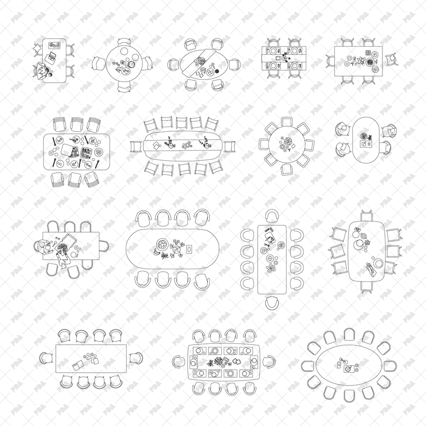 CAD, Vector, PNG Dining Tables and Chairs Layouts in Top View