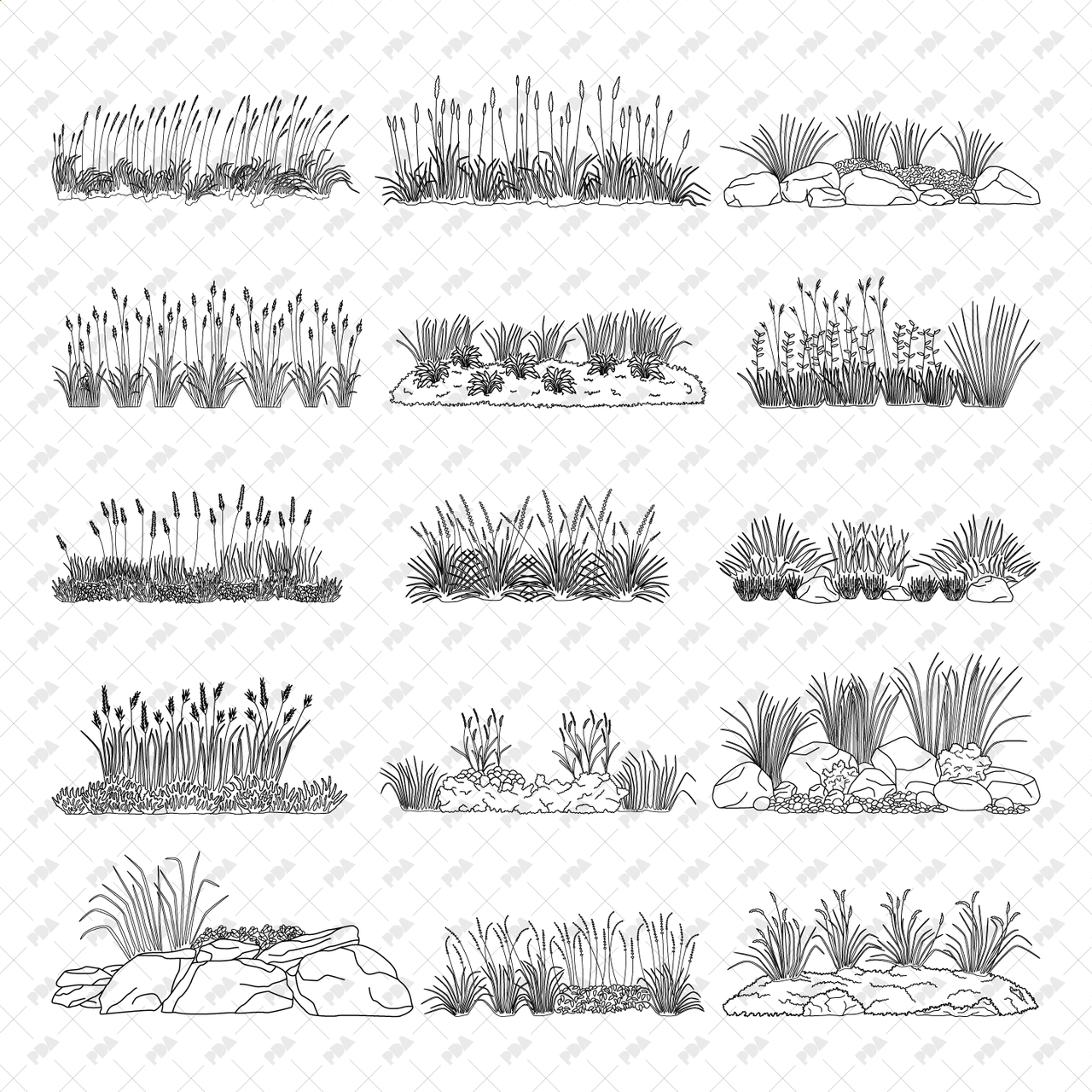 CAD, Vector Grass Beds in Color and B/W