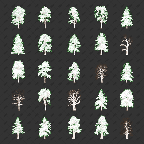 CAD, Vector, PNG Winter Trees in Color and B/W