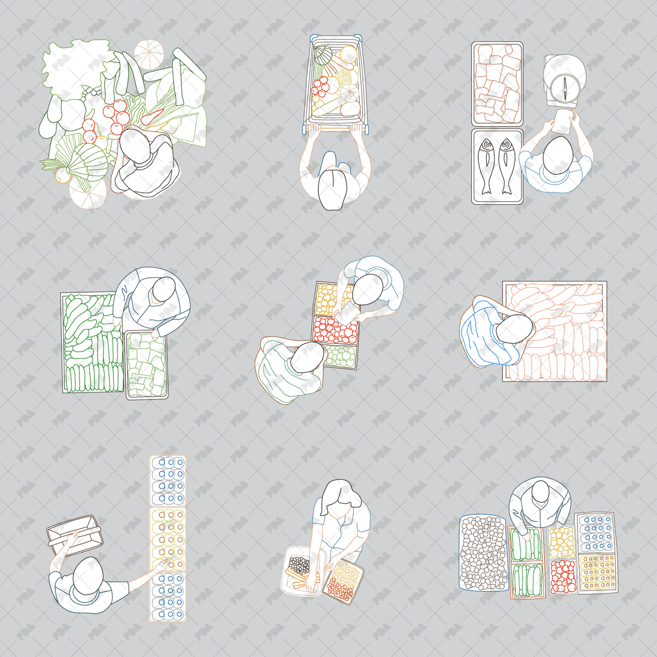 CAD, Vector, PNG Supermarket Items – Top View in Color & B/W