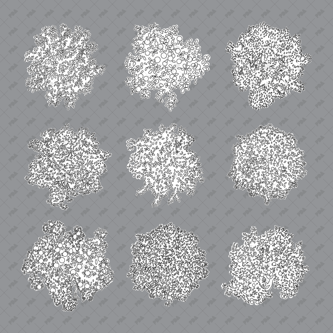 CAD, Vector, PNG Fruit Trees in Color and B/W (Top View)