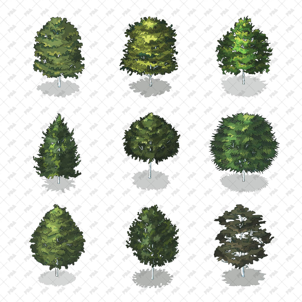 Isometric Hand Drawn Trees with and without shadows