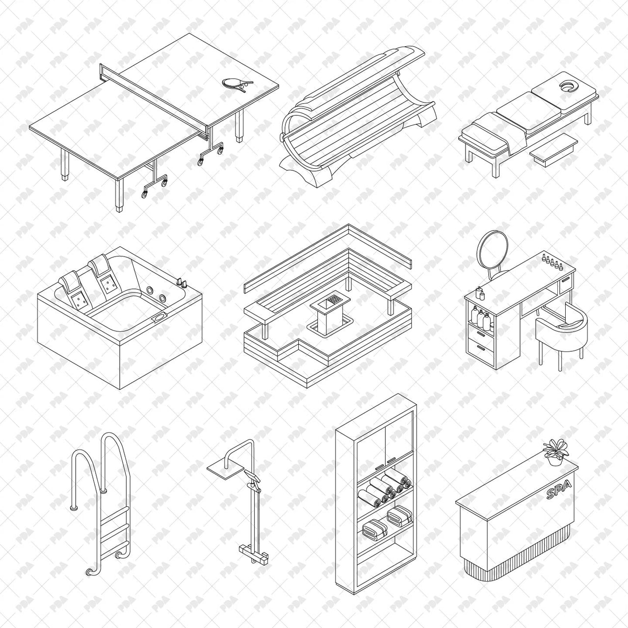 Isometric Pool & Spa Furniture CAD Vector Set