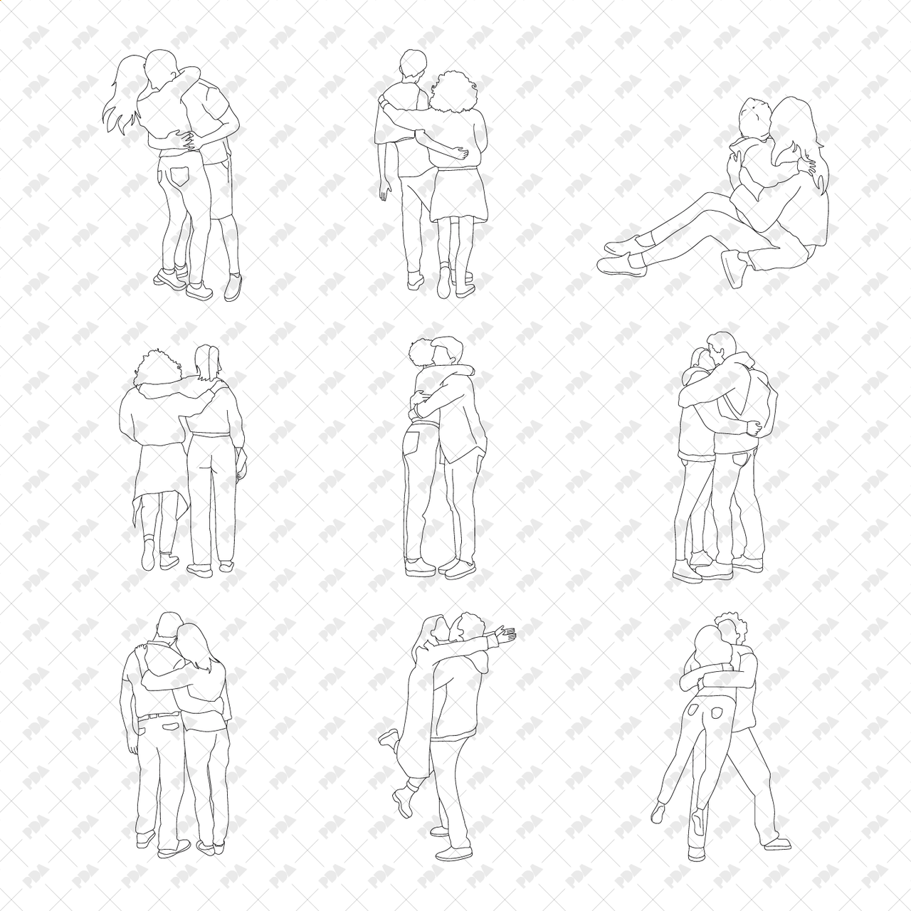 CAD & Vector People Hugging and Kissing: Side & Back Views