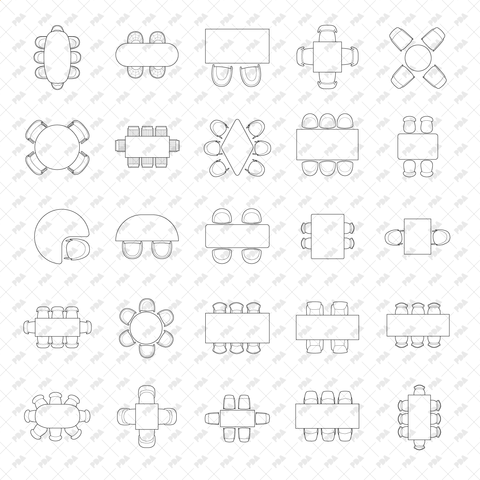 CAD, Vector, PNG Tables, Desks and Chairs in Top View