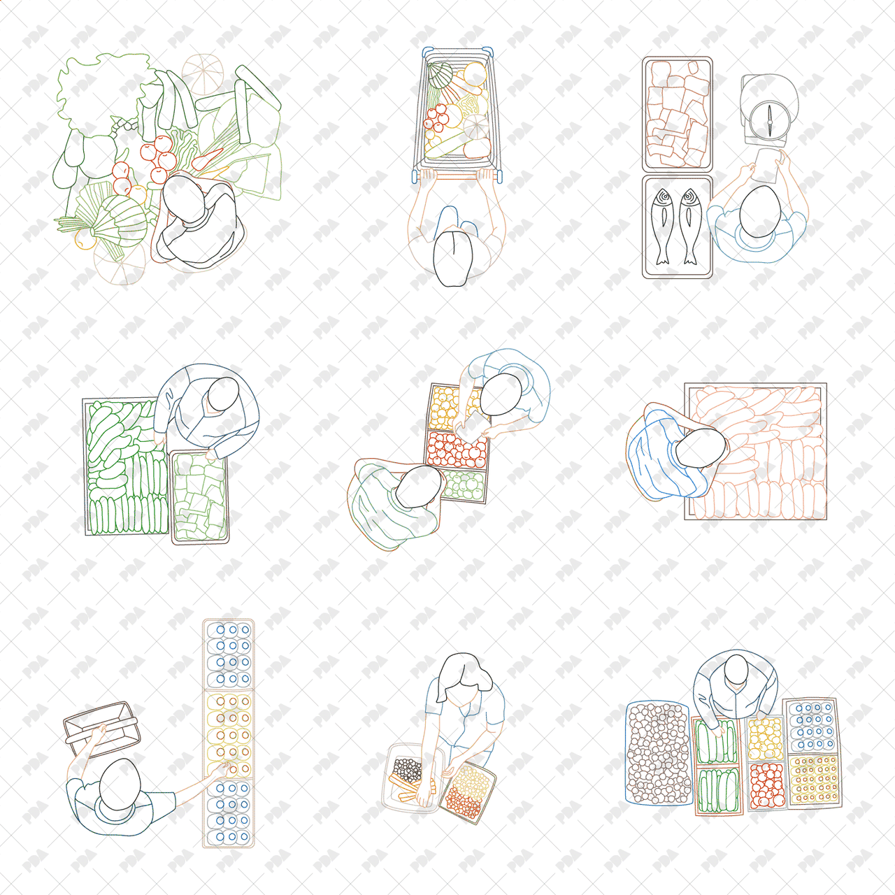 CAD, Vector, PNG Supermarket Items – Top View in Color & B/W