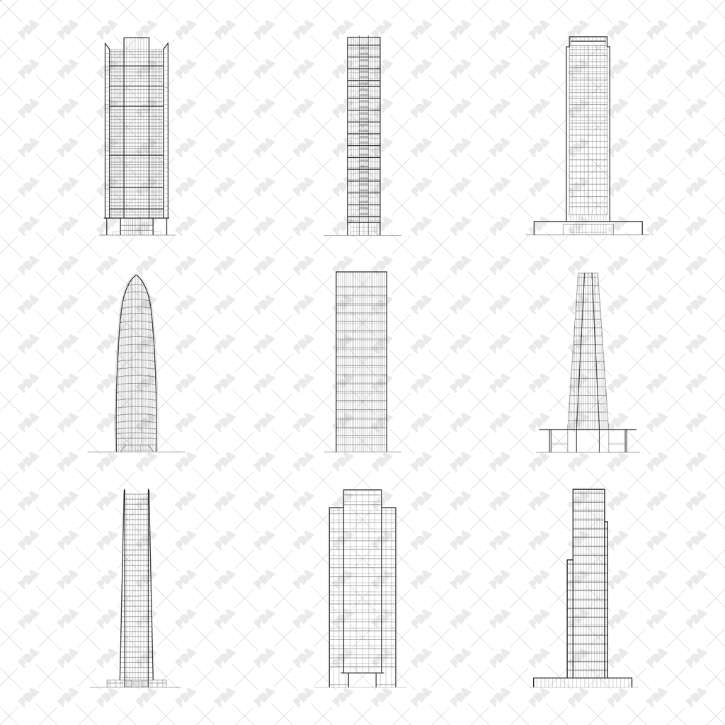 CAD & Vector Skyscrapers: Front & Side View Illustrations