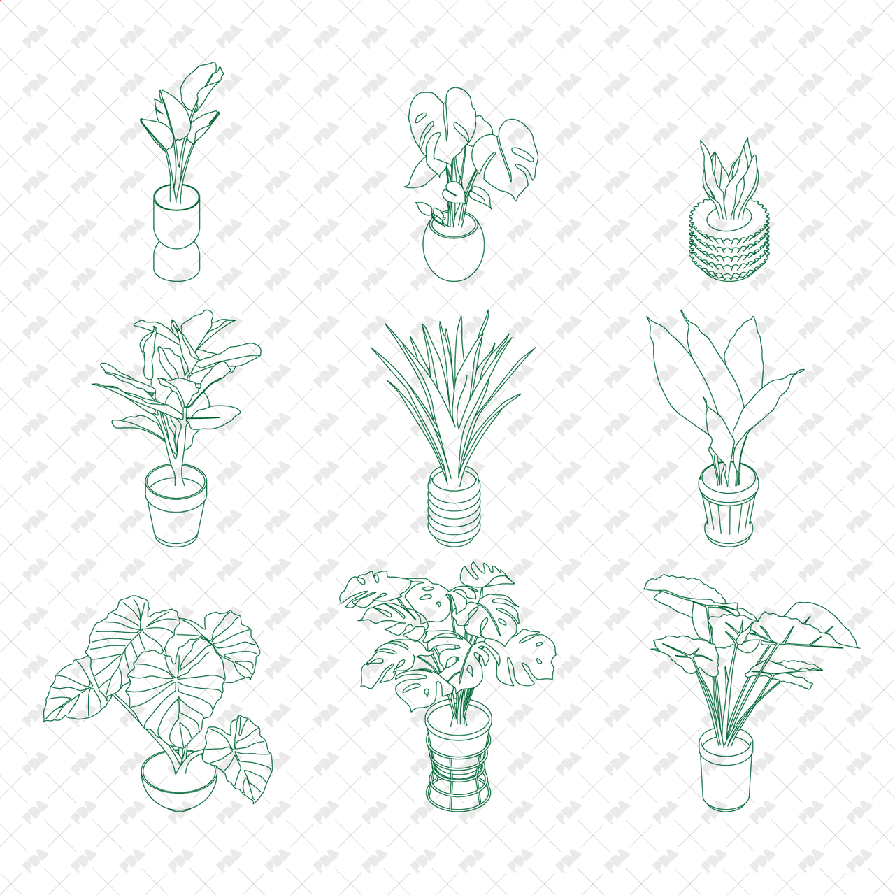 CAD, Vector Isometric Leafy Plants in Planters