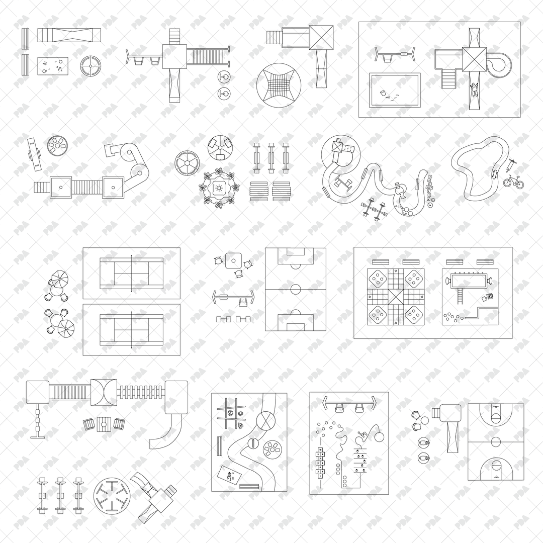 Diseños de parques infantiles en vista superior (CAD, vectores y PNG)