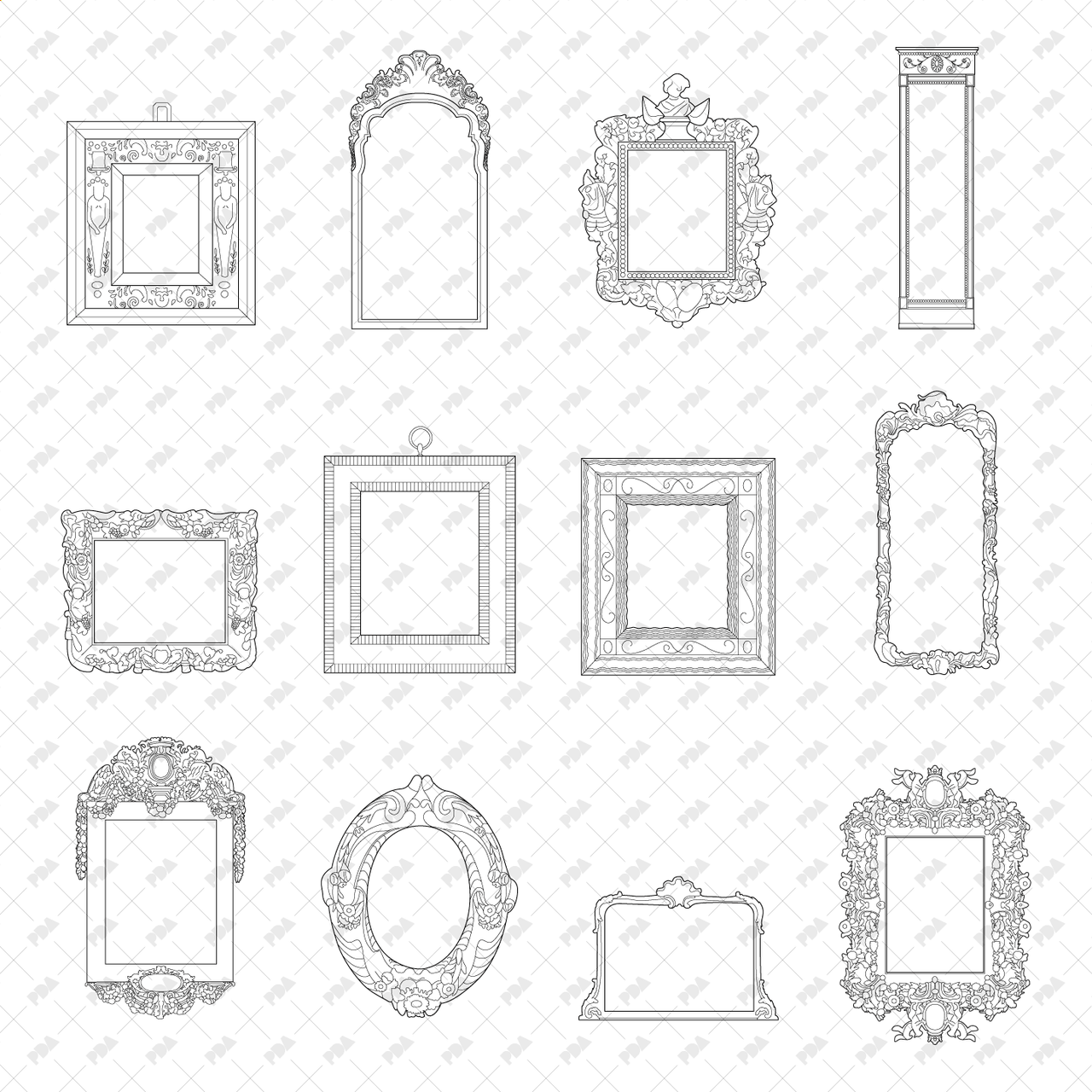 CAD & Vector Mirror Illustrations: Line-Art Collection
