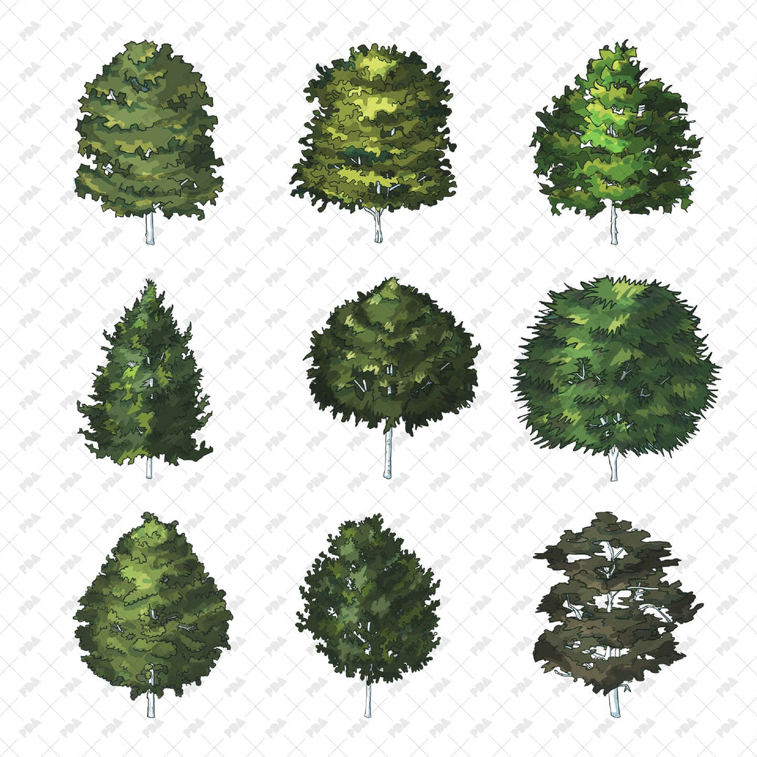 Isometric Hand Drawn Trees with and without shadows