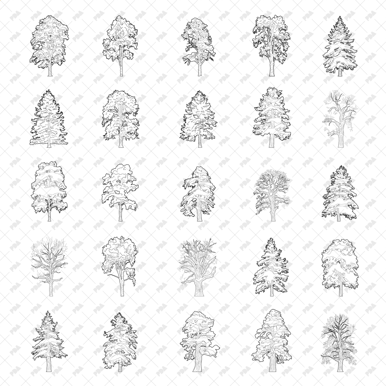 CAD, Vector, PNG Winter Trees in Color and B/W