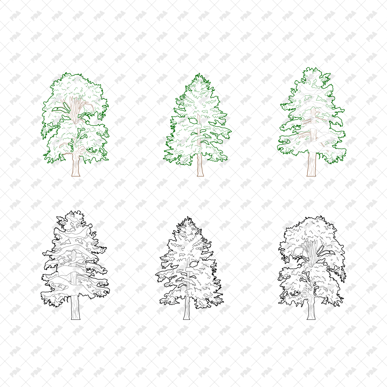 CAD, Vector, PNG Winter Trees in Color and B/W