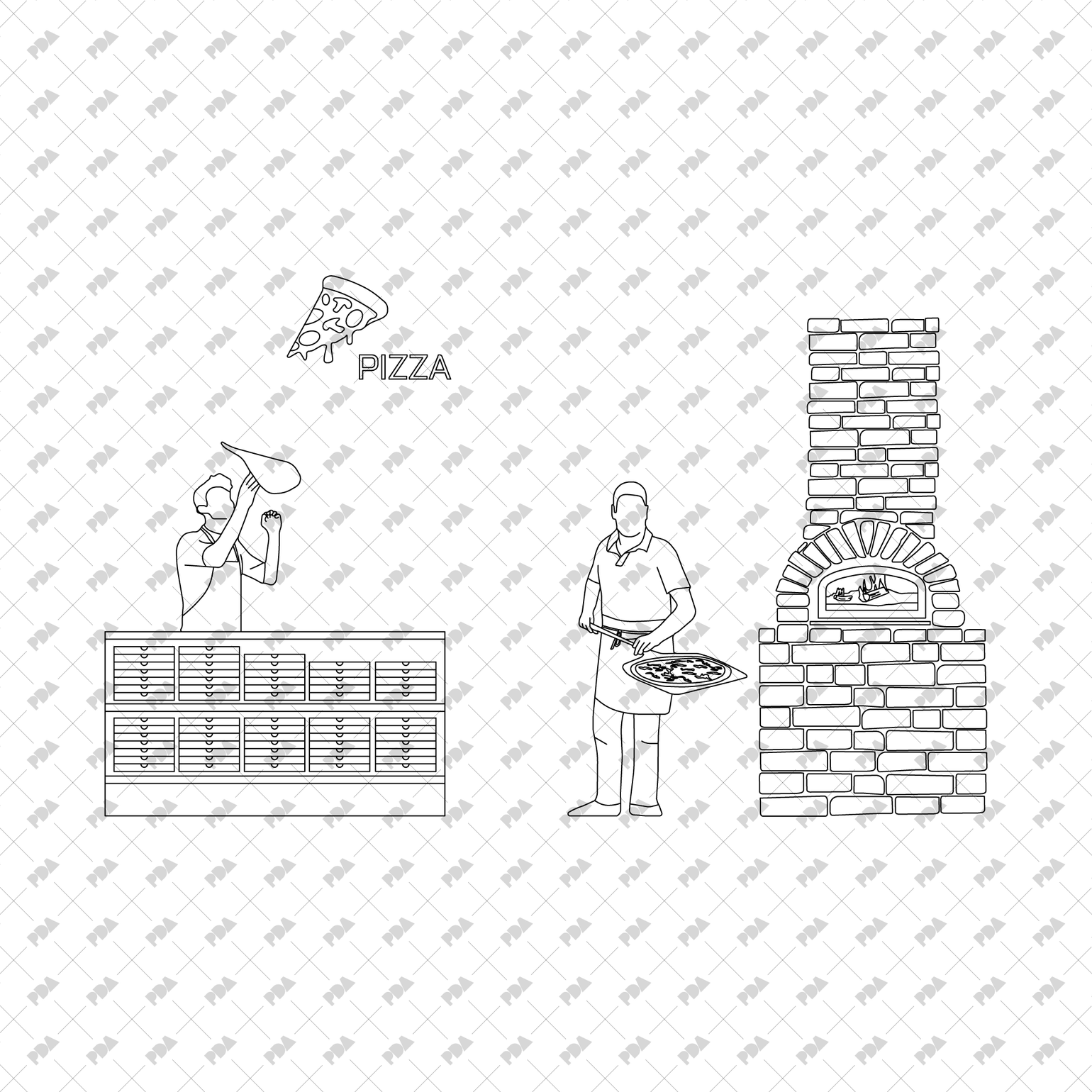 CAD, Vector Italian Deli, Pizzeria and Market in Front and Side Views