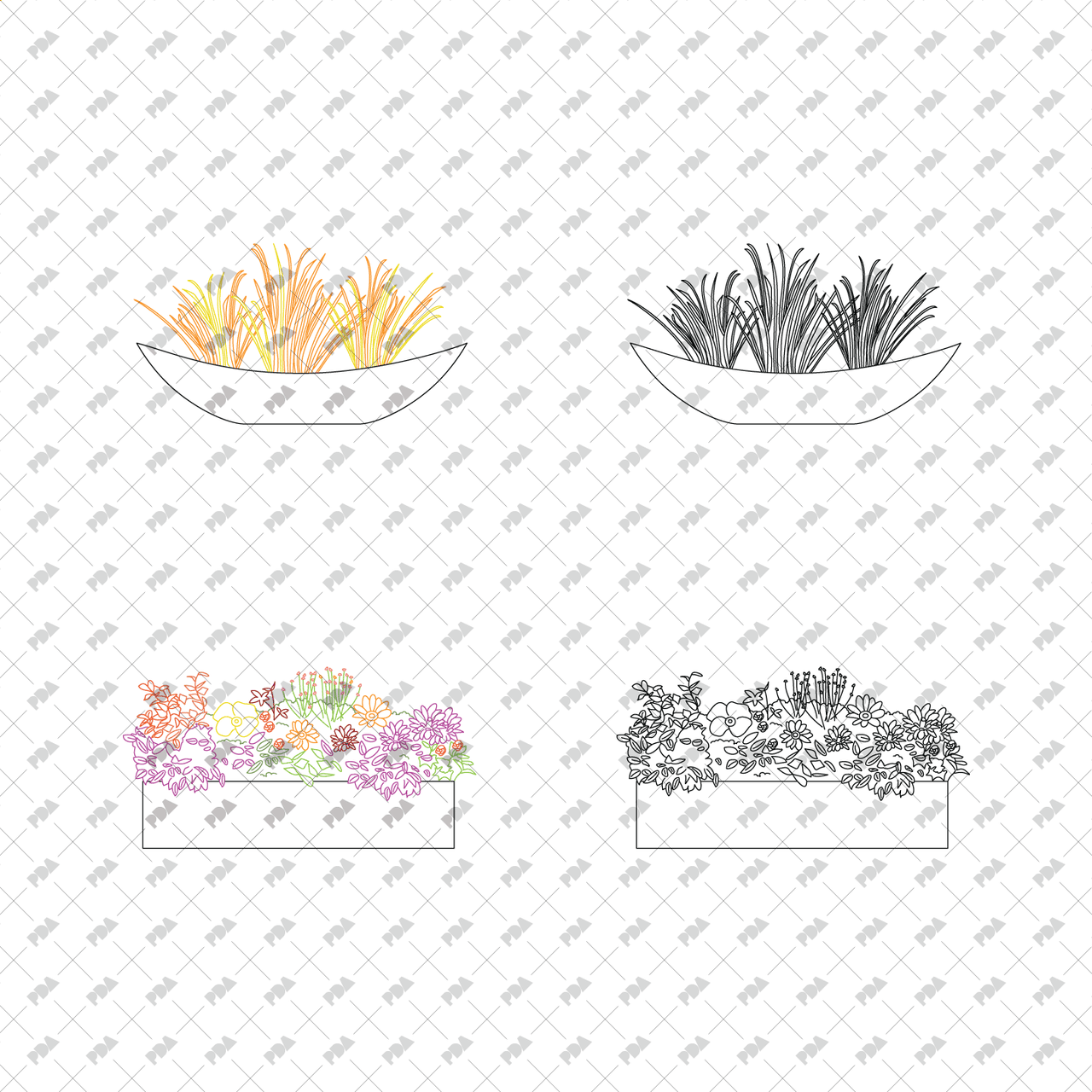 CAD, Vector, PNG Street Plants in Planters in Color and B/W