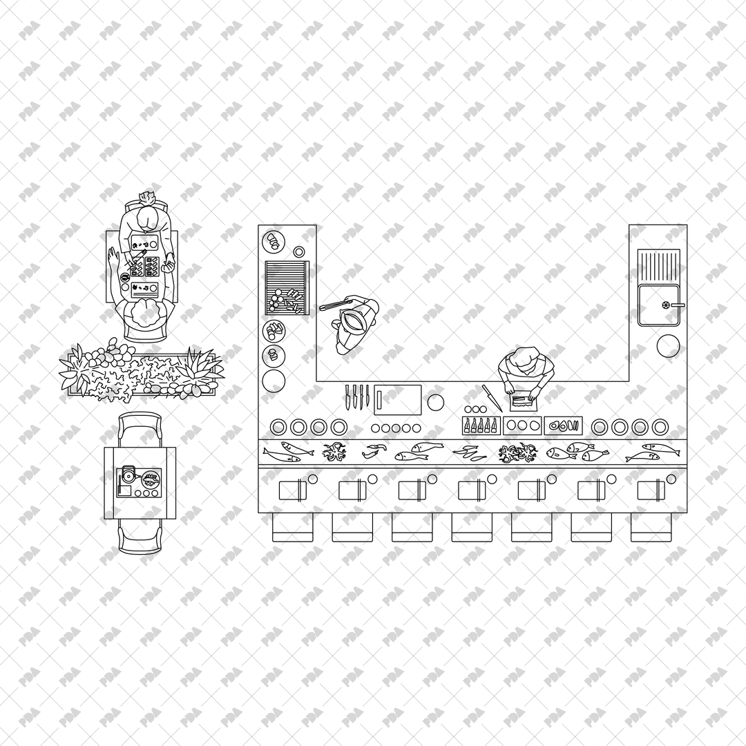 CAD, Vector Sushi Bar/ Japanese Restaurant in Top View