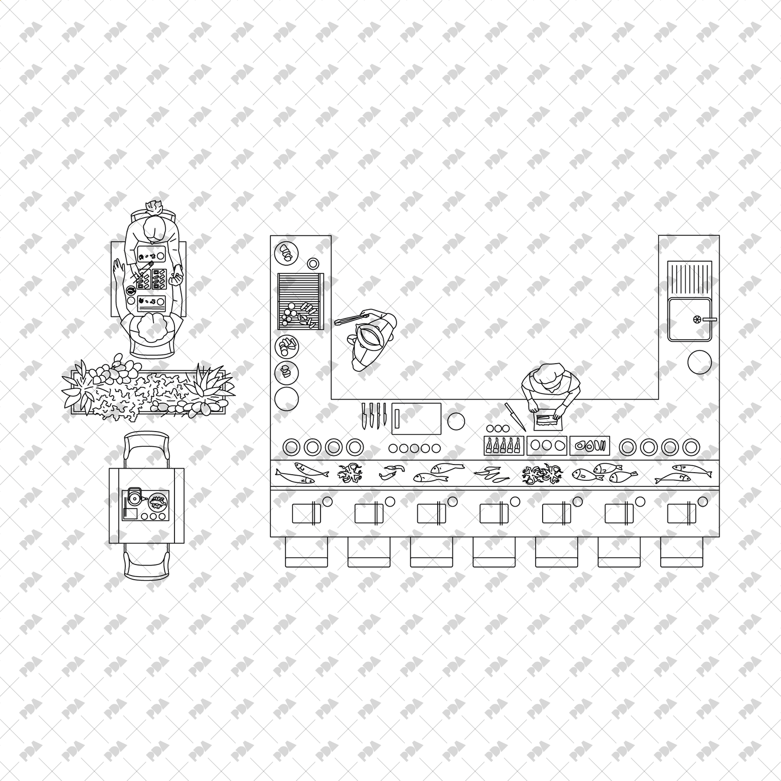 CAD, Vector Sushi Bar/ Japanese Restaurant in Top View