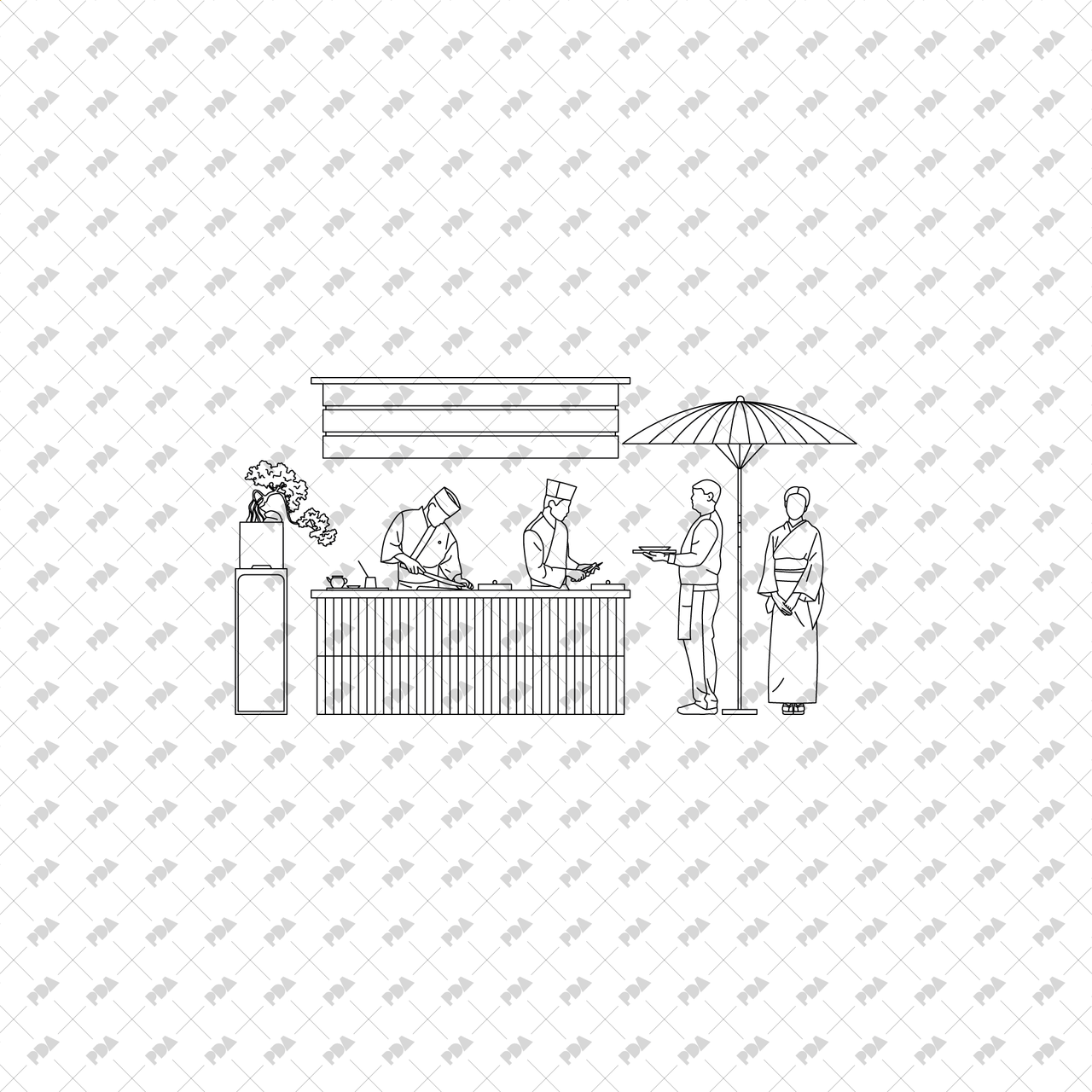 CAD, Vector Sushi Bar/ Japanese Restaurant in Top View