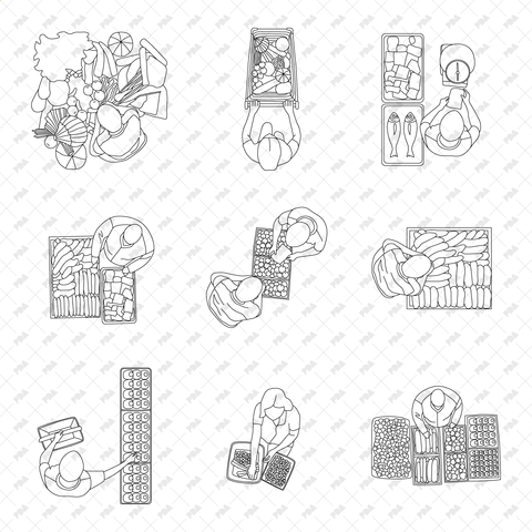 CAD, Vector, PNG Supermarket Items – Top View in Color & B/W