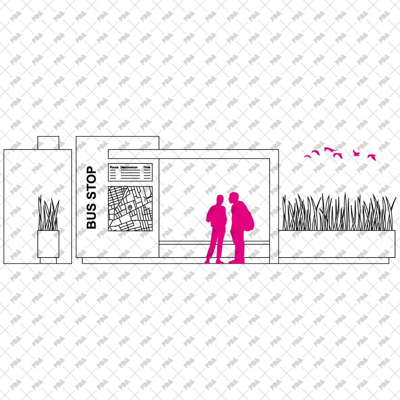 CAD, Vector Bus Stops in Front and Side Views