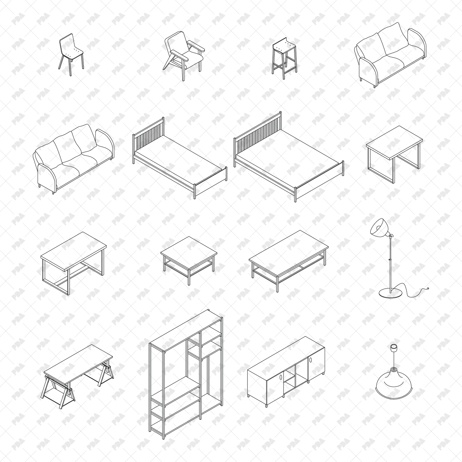 Isometric Furniture & Lamps Set CAD by Mugnier