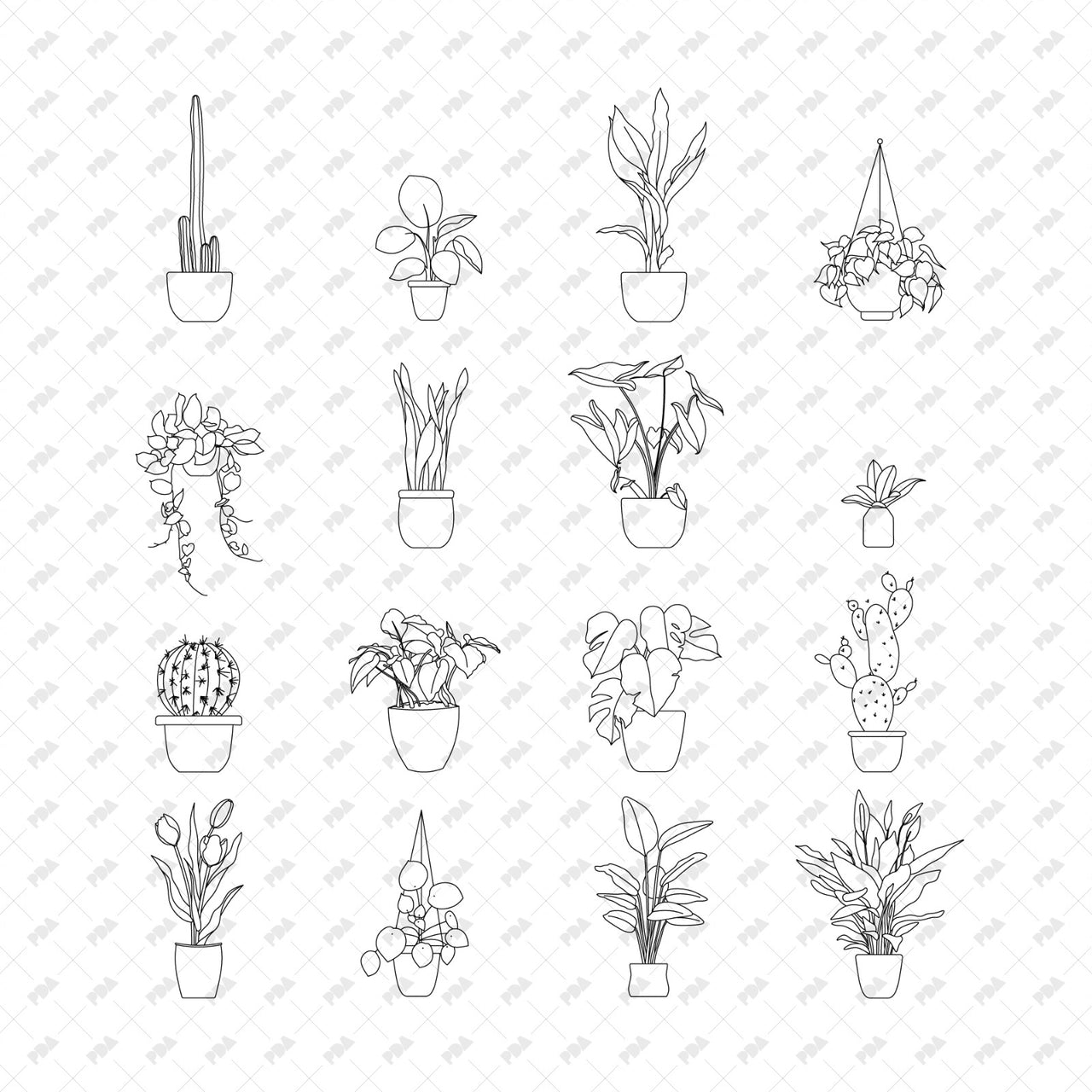 Potted Interior Plants CAD Vector Set for 2D Drawings