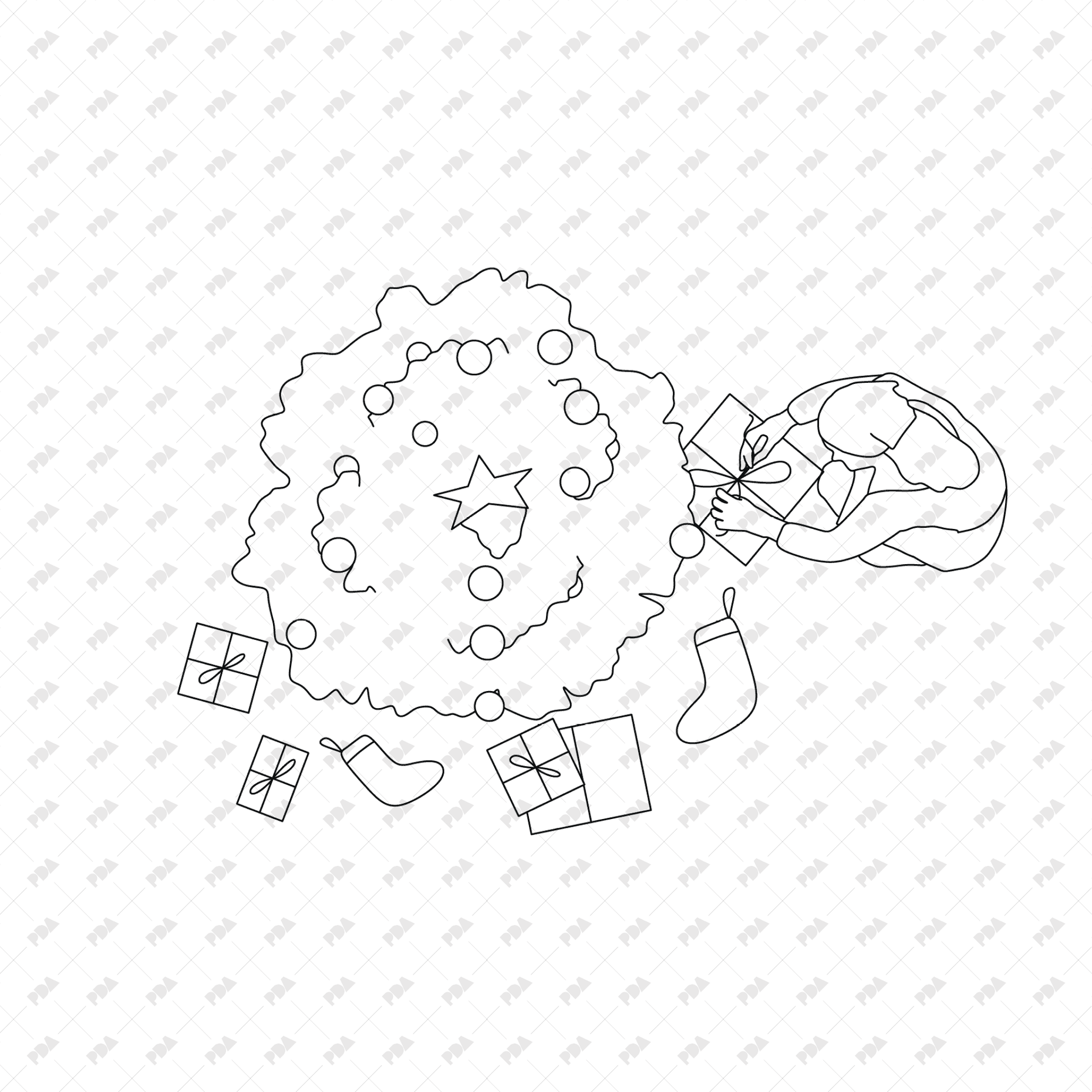 CAD, Vector, PNG Family Decorating a Christmas Tree in Top View