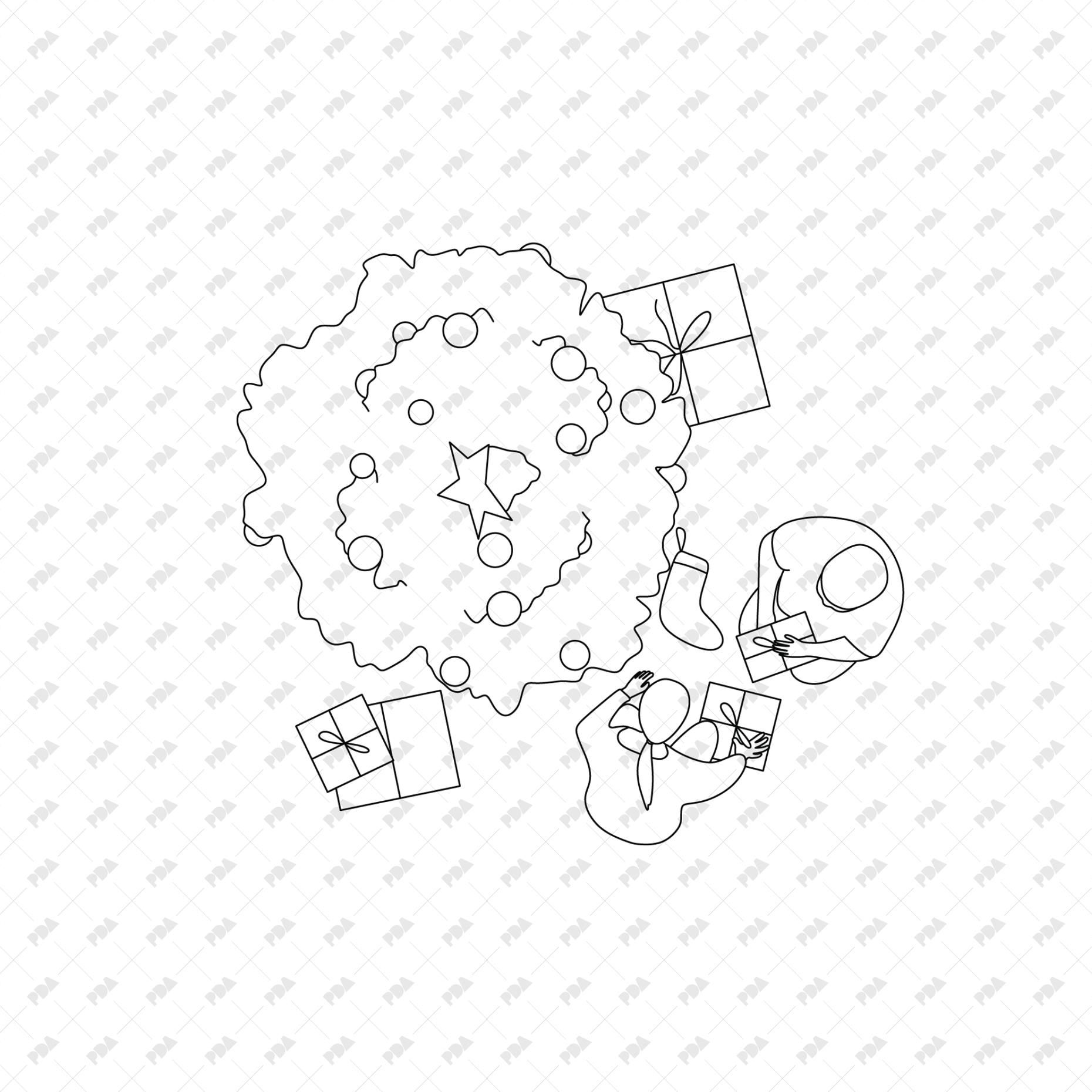 CAD, Vector, PNG Family Decorating a Christmas Tree in Top View