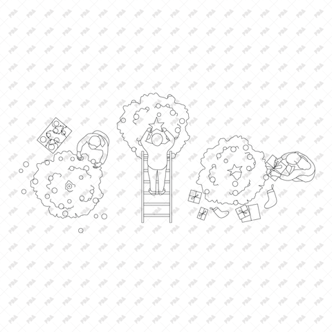 CAD, Vector, PNG Family Decorating a Christmas Tree in Top View