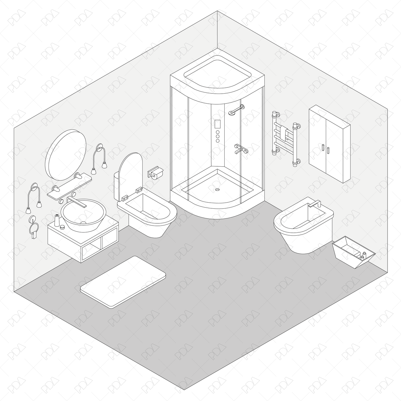 CAD & Vector Isometric Bathroom Furniture and Accessories Set | Post ...