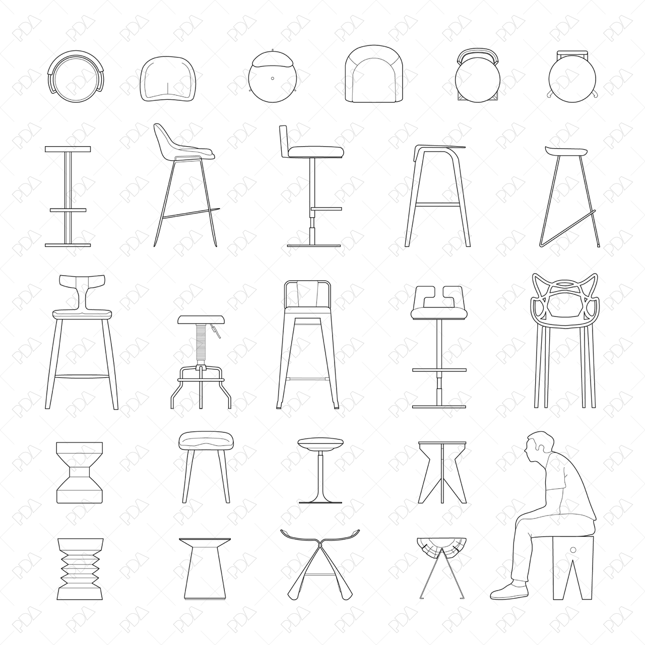 CAD, Vector Stools in Top, Side, Front Views Multi-Pack