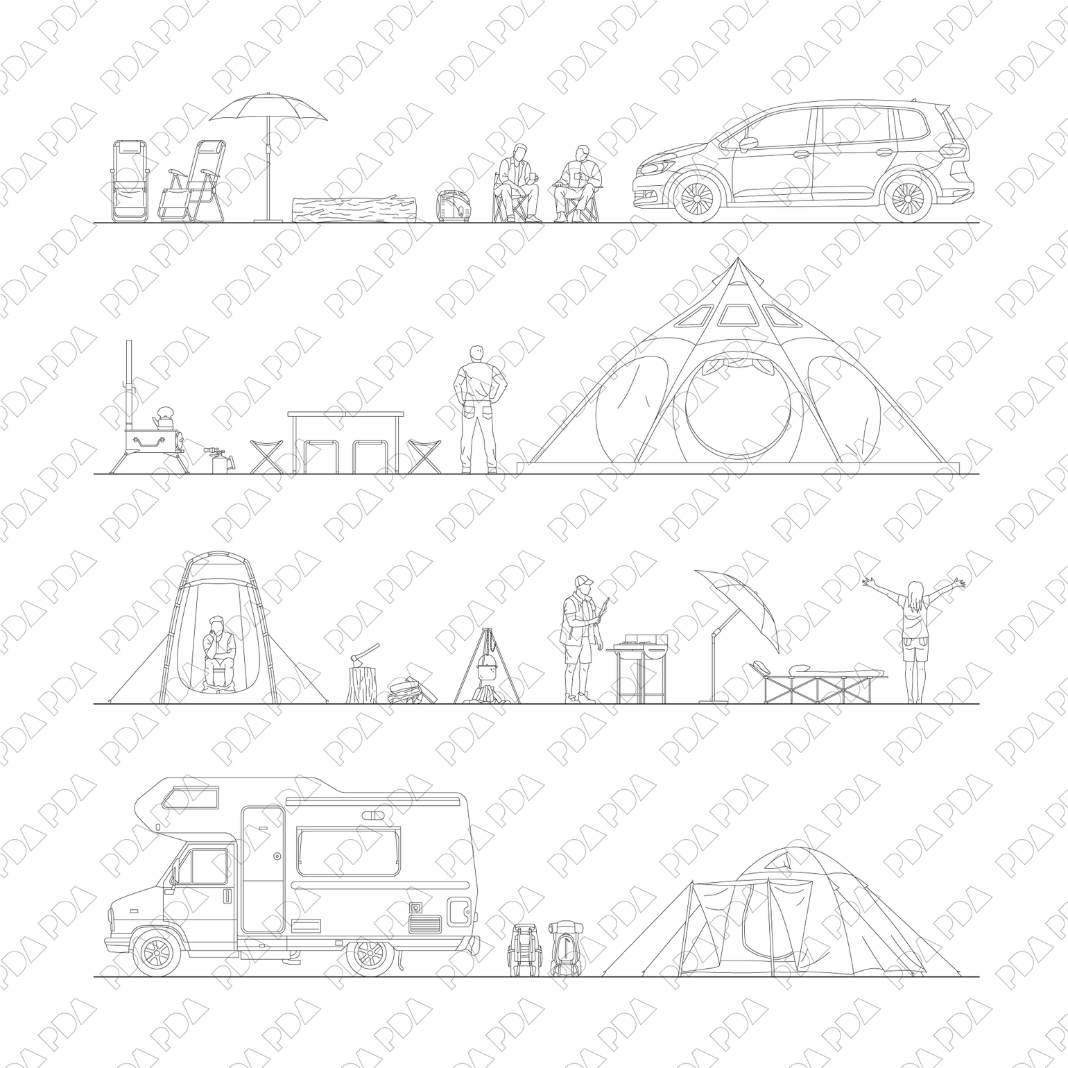 CAD & Vector Line Camping Set - 360° Views