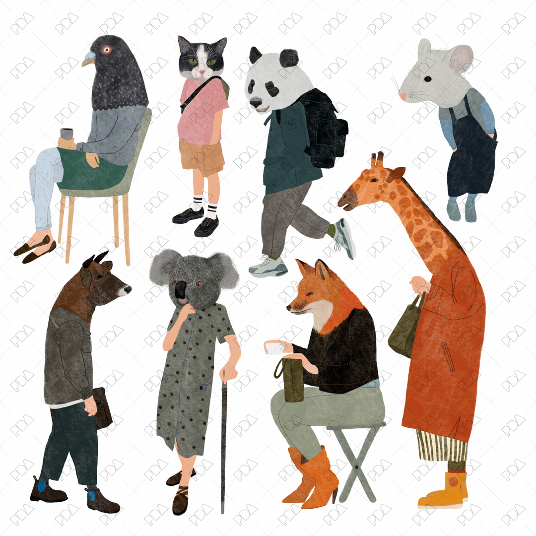 Hand Drawn Animal Head Characters Set