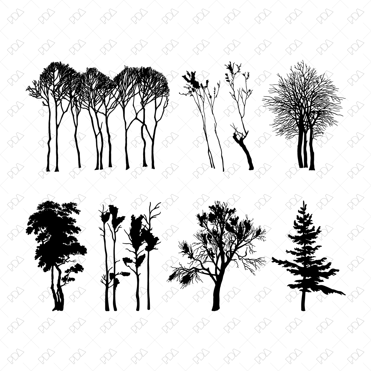 50+ Vector & PNG Tree Silhouettes Pack