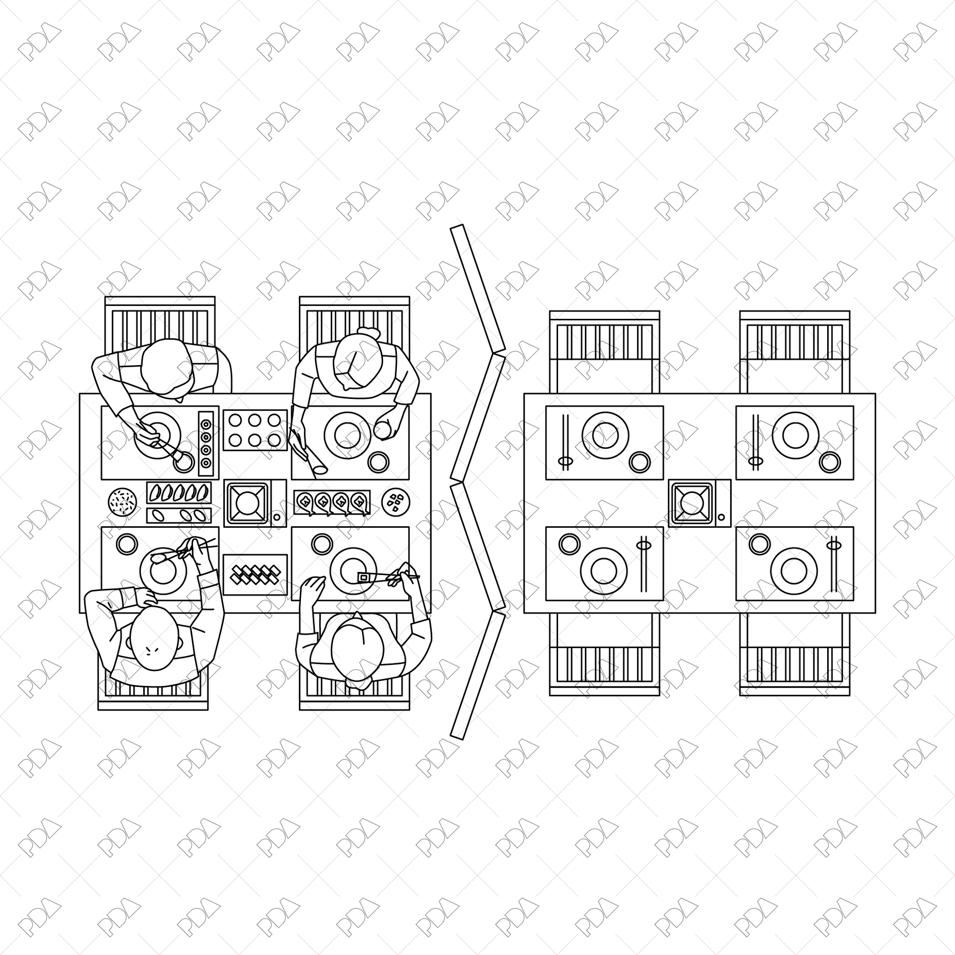 CAD, Vector Sushi Bar/ Japanese Restaurant in Top View