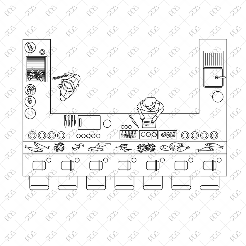 CAD, Vector Sushi Bar/ Japanese Restaurant in Top View