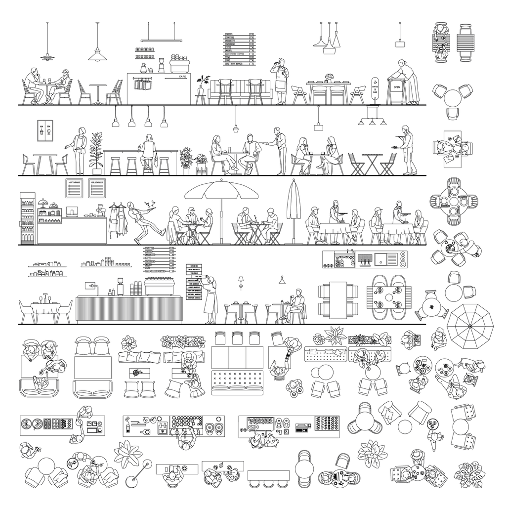 CAD, Vector All You Need for Coffee Shop Design (Side View)