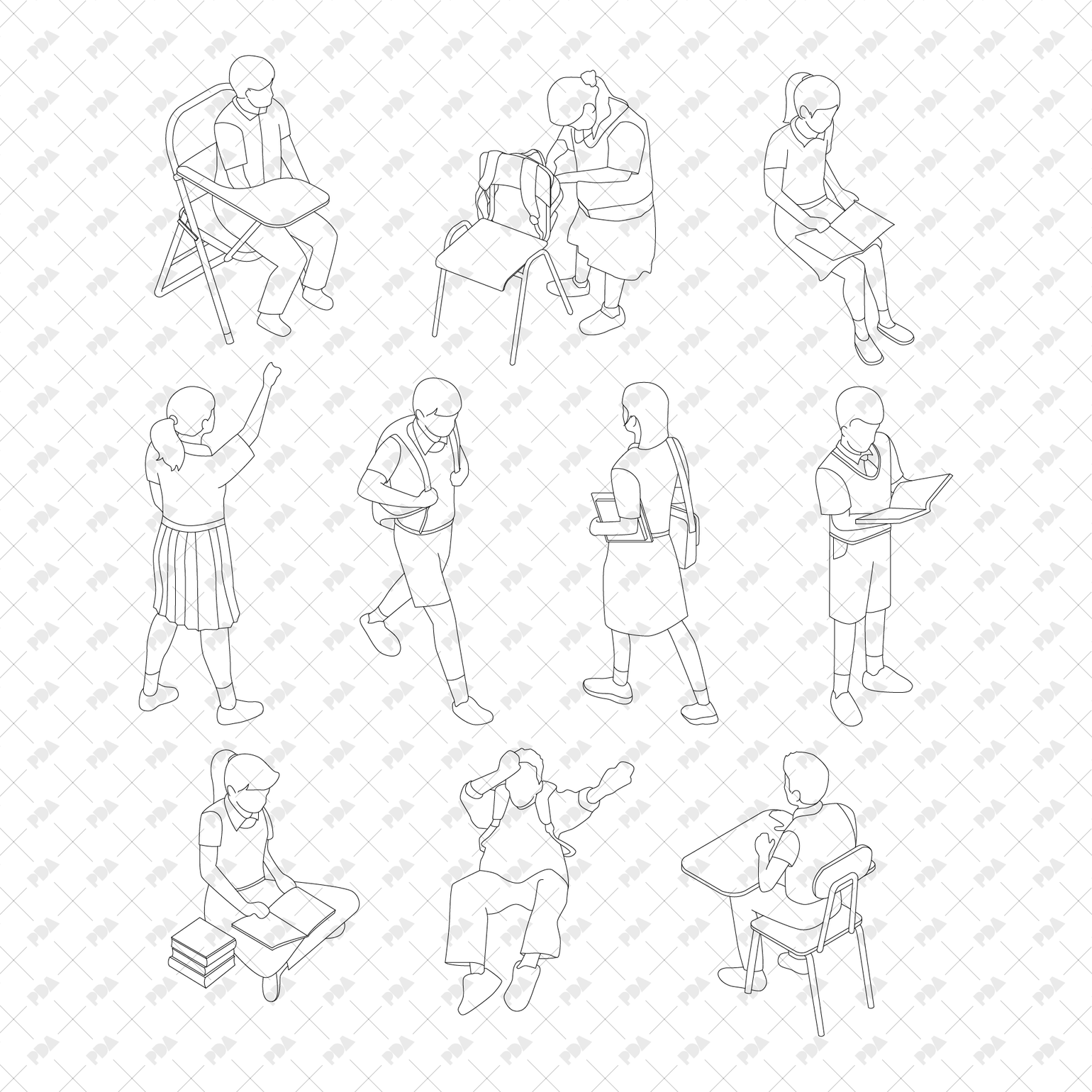 Isometric Kids at School Set for CAD