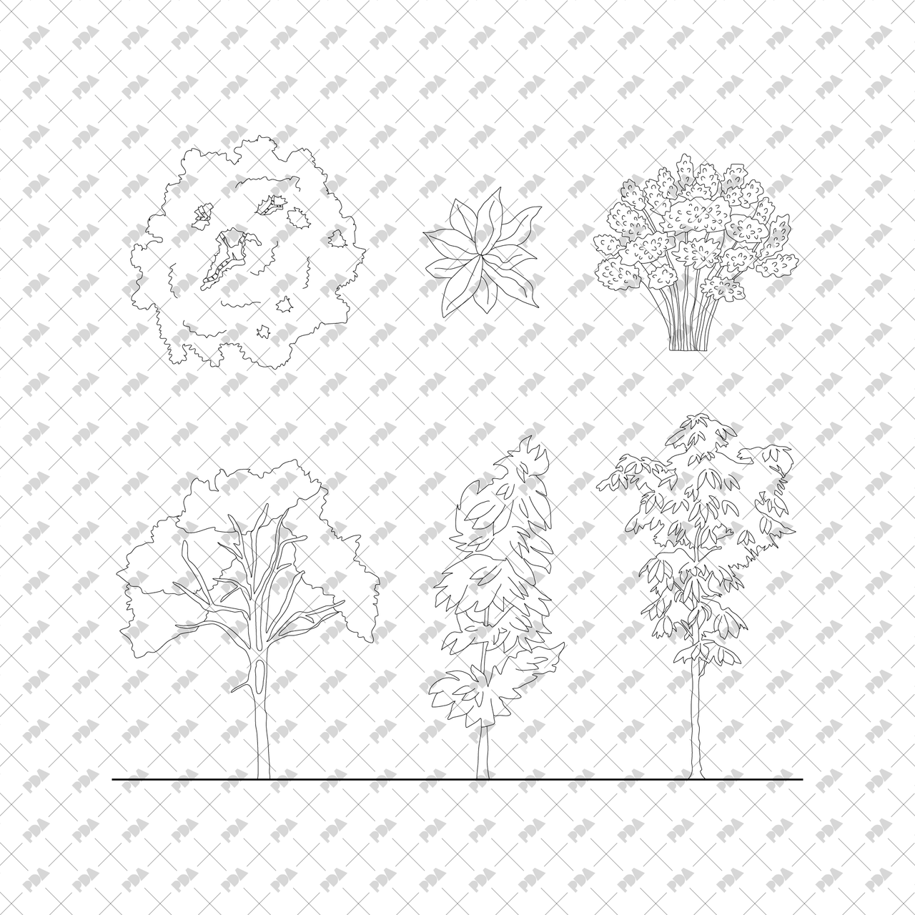 CAD, Vector Trees and Plants in Top and Side View Set