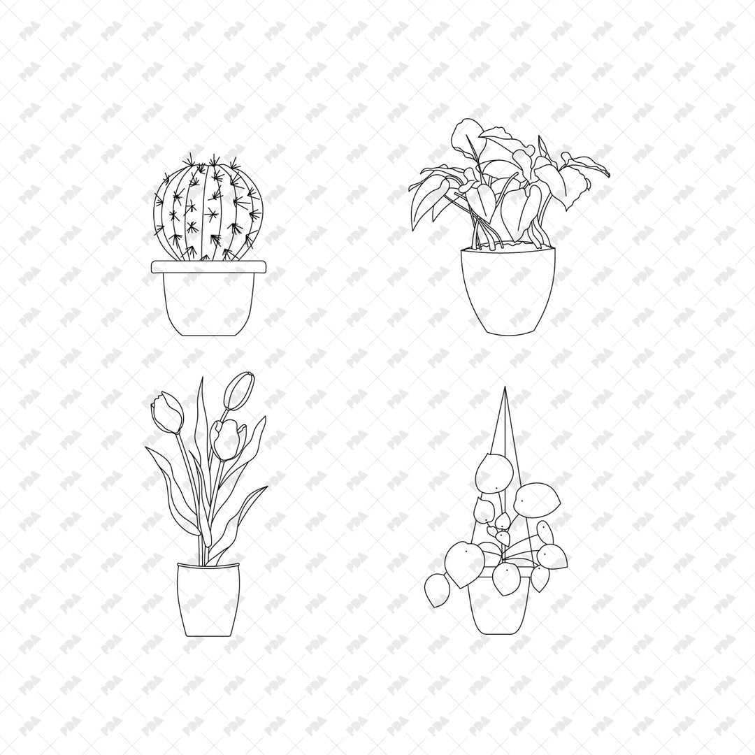 Potted Interior Plants CAD Vector Set for 2D Drawings